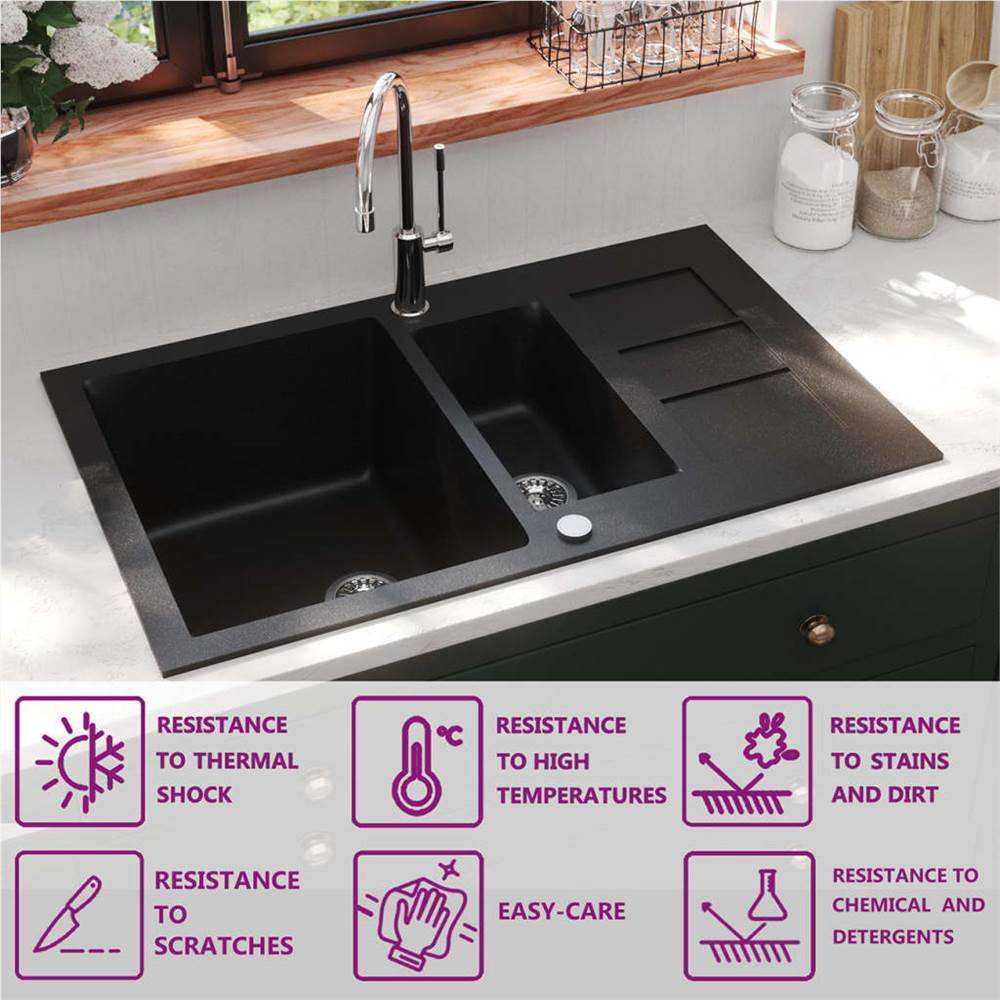 Granite Kitchen Sink Double Basins Black