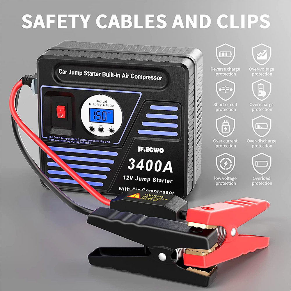 JF.EGWO 3400Amp Car Jump Starter with Air Compressor UK Plug