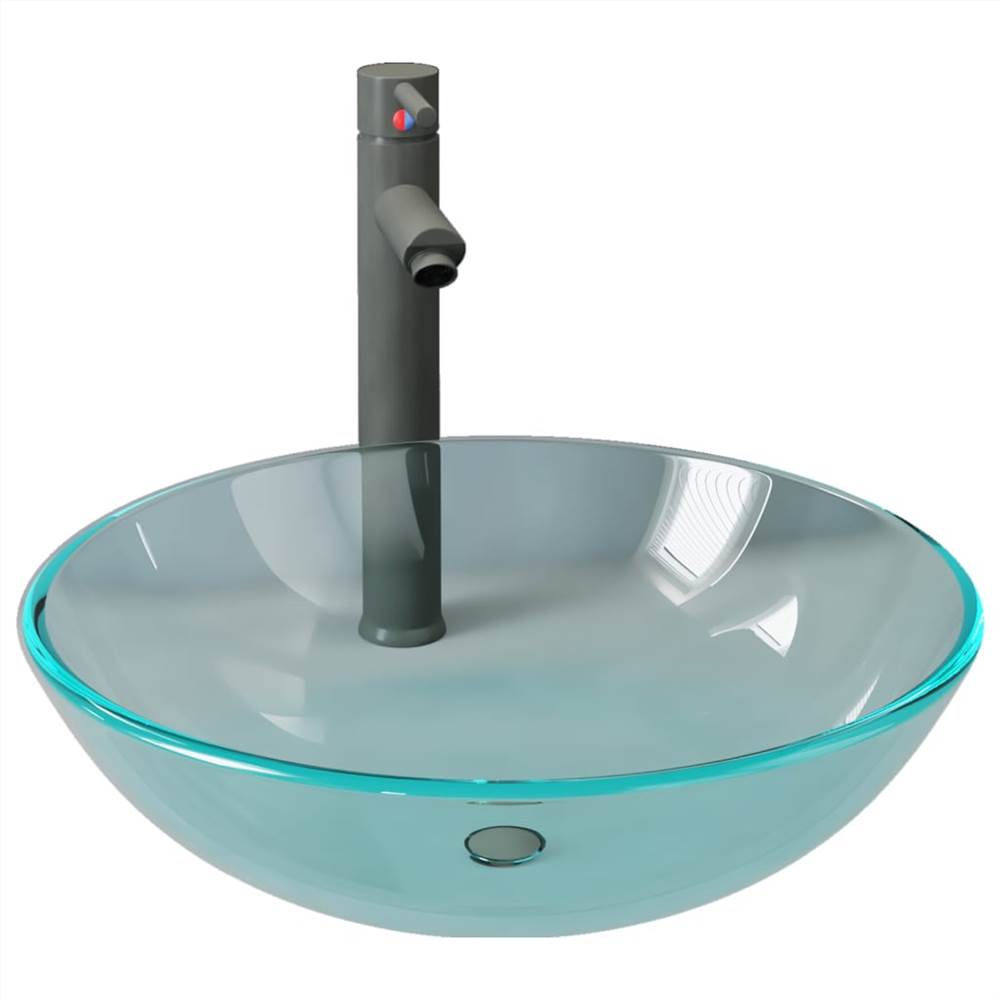 Bathroom Sink with Tap and Push Drain Clear Tempered Glass