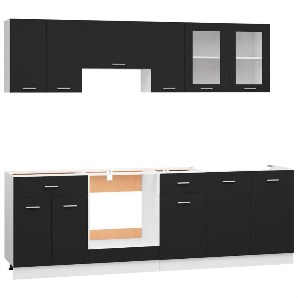 8 Piece Kitchen Cabinet Set with Worktop Black Chipboard