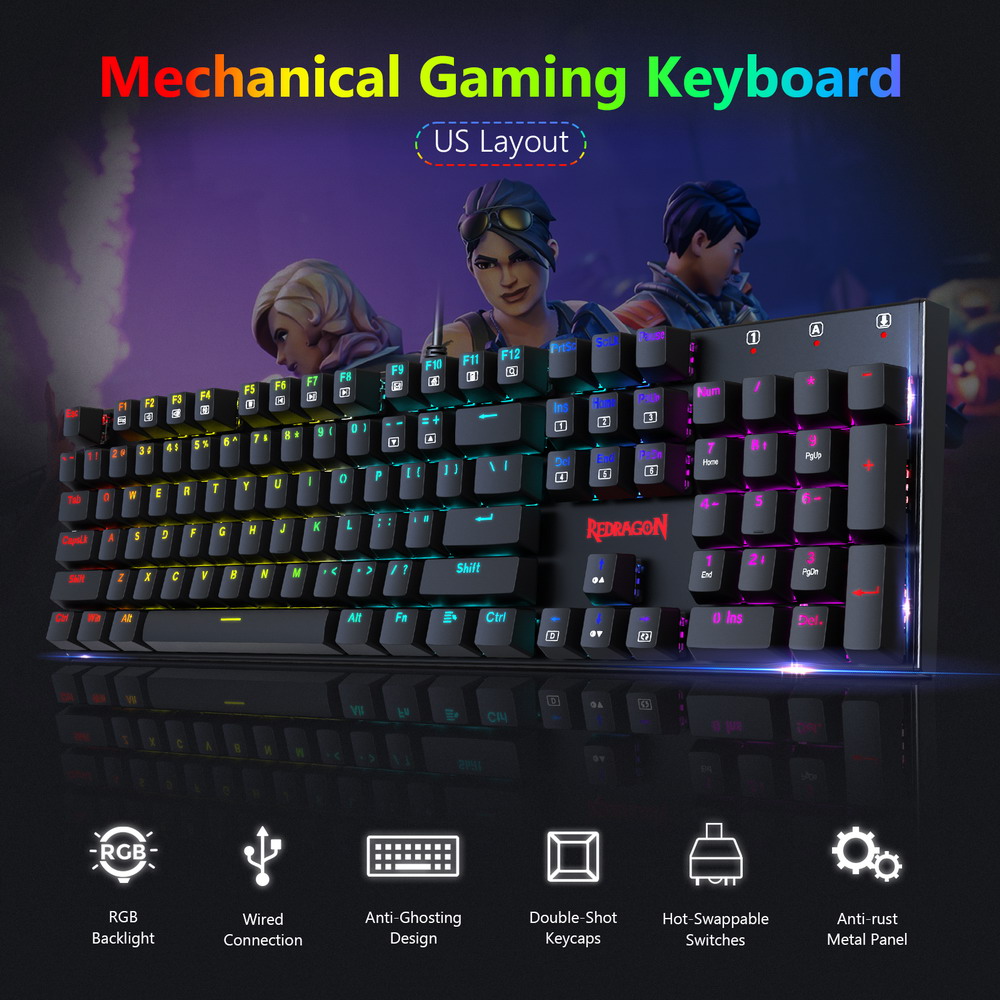 Redragon 104-Key K565-RGB Mechanical Keyboard RGB Backlit US Layout