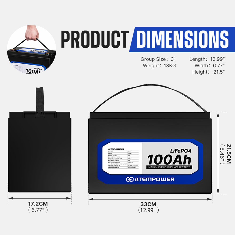 ATEM POWER 12V 100Ah Lifepo4 Battery