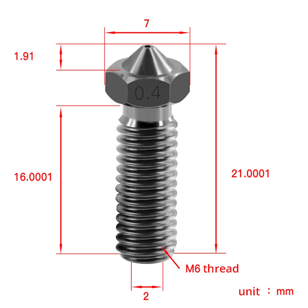TWO TREES 0.4mm Hardened Steel Volcano Nozzle with M6 Thread