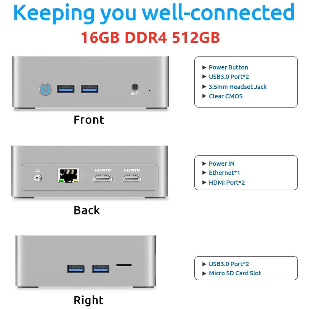 BMAX B3 Mini PC Intel Jasper Lake N5095 16GB DDR4 512GB SSD Silver