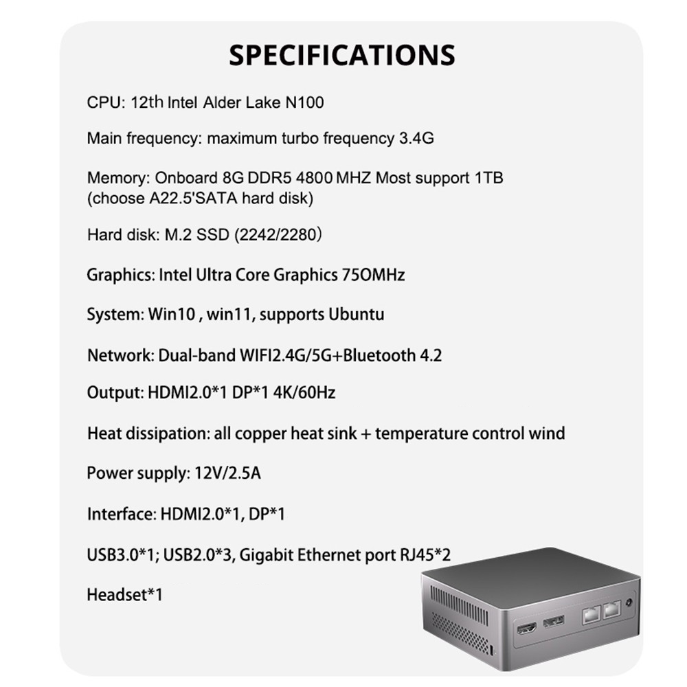 AOOSTAR N100 Mini PC 12th Gen Intel Alder Lake 8GB DDR5 256GB SSD