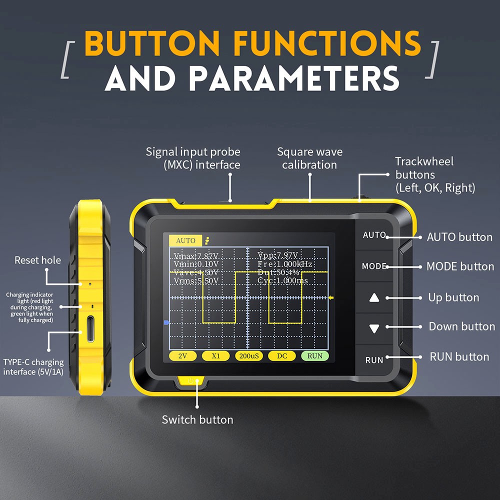 FNIRSI DSO152 Handheld Digital Oscilloscope with P6100 Probe Yellow