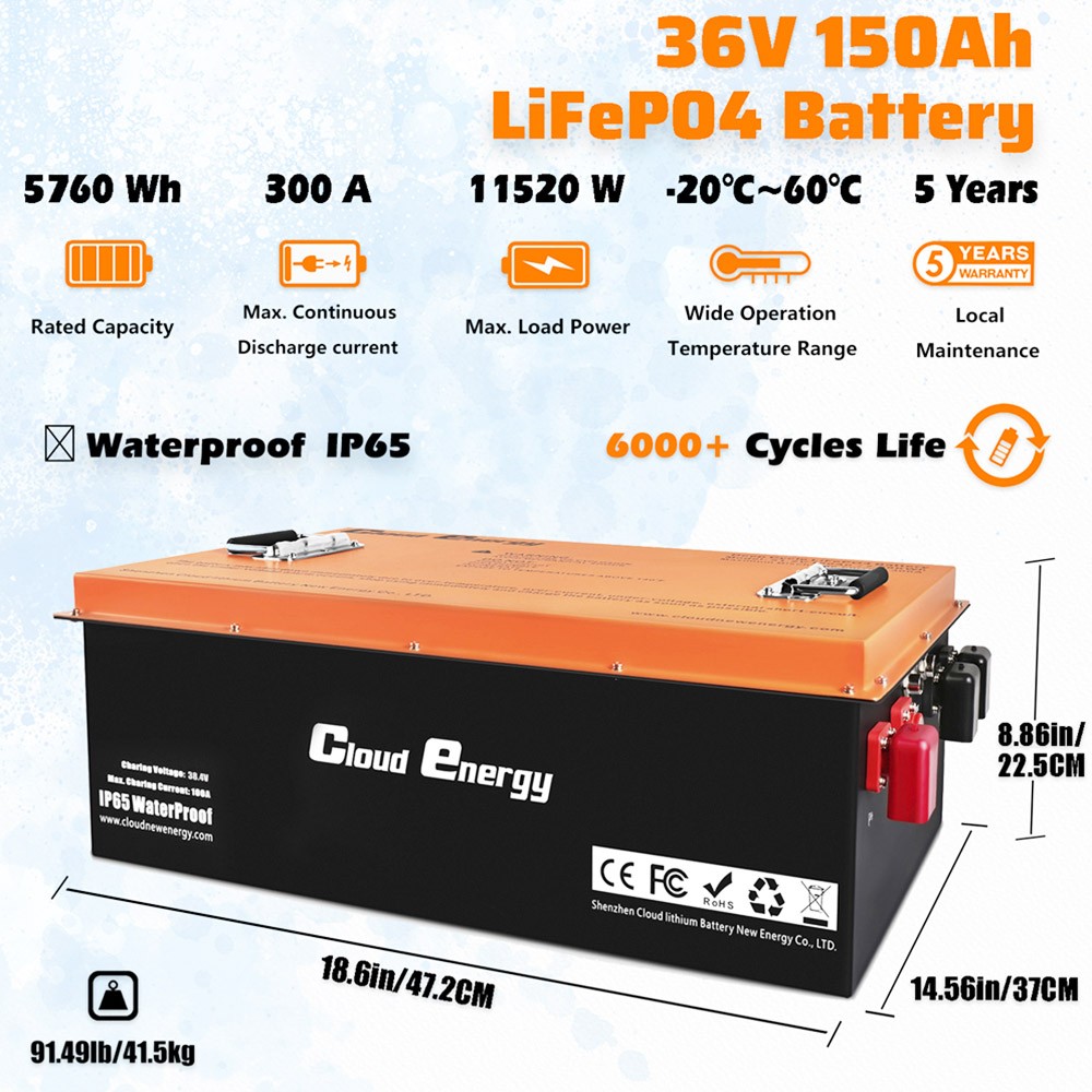 Cloudenergy 36V 150Ah LiFePO4 Deep Cycle Battery Pack