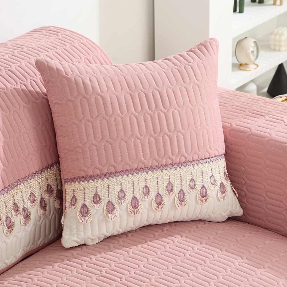 90-70cm Feather Embroidery Quilted Couch Cover Pink