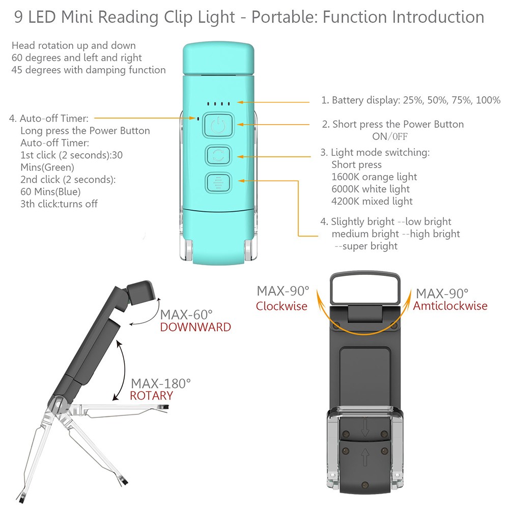 9 LED Mini Book Clip Reading Light Blue
