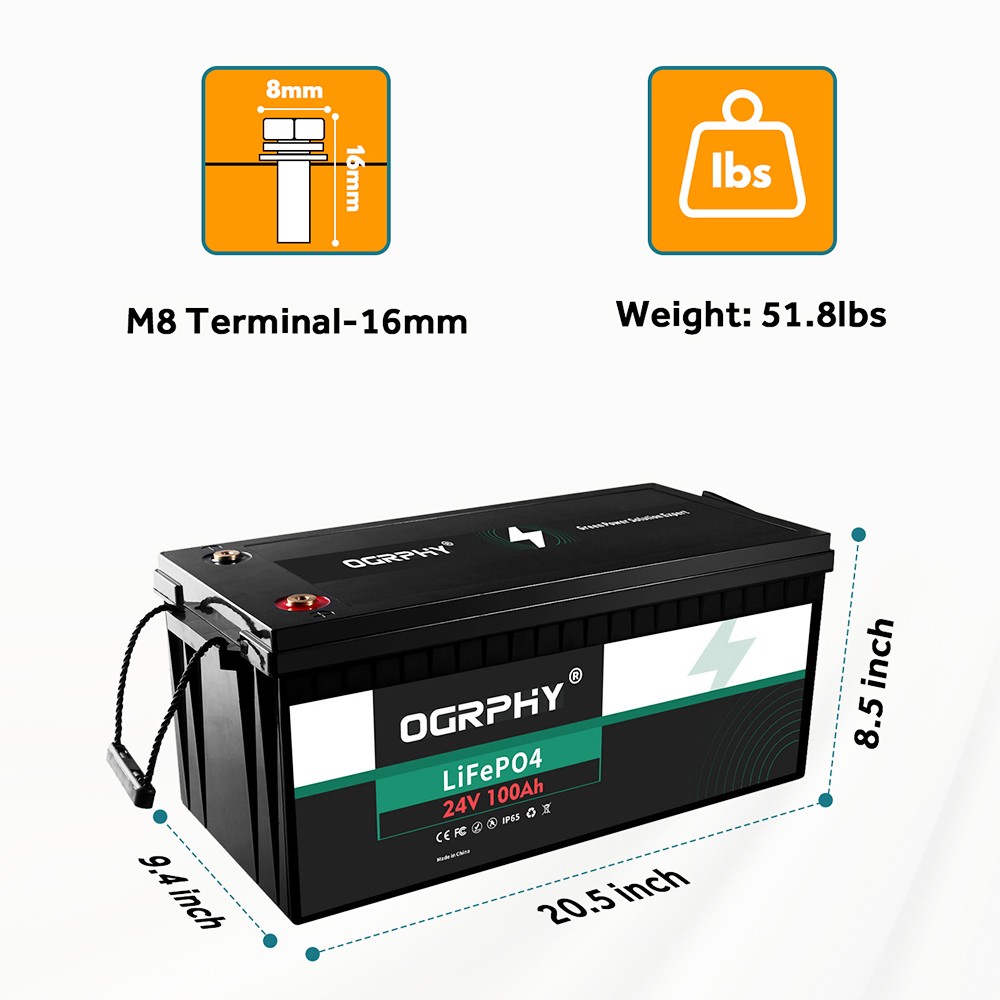 OGRPHY LiFePO4 24V 100Ah Lithium Battery