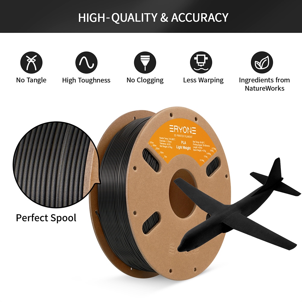 ERYONE 1.75mm Lightweight PLA 3D Printing Filament 1kg Black