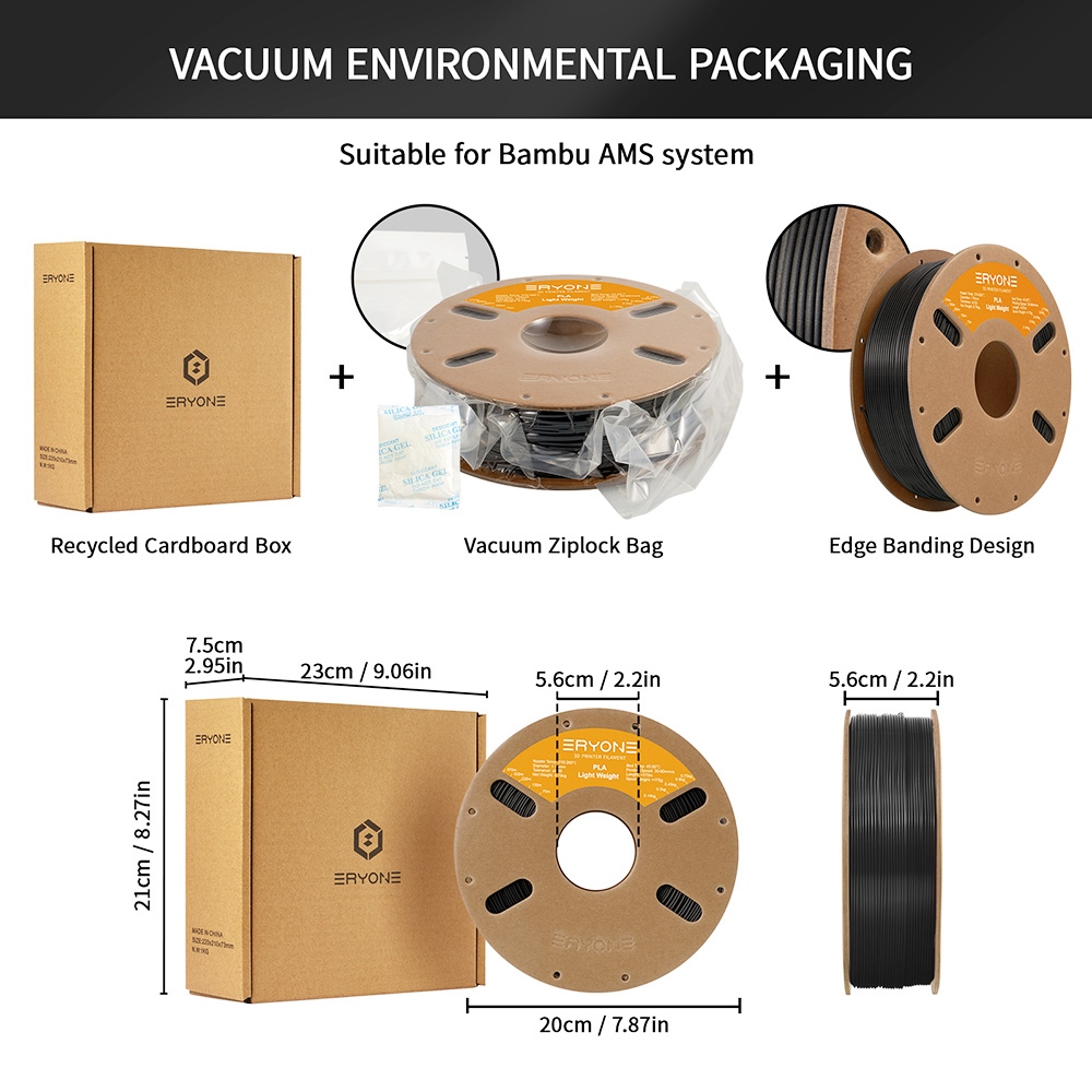 ERYONE 1.75mm Lightweight PLA 3D Printing Filament 1kg Black