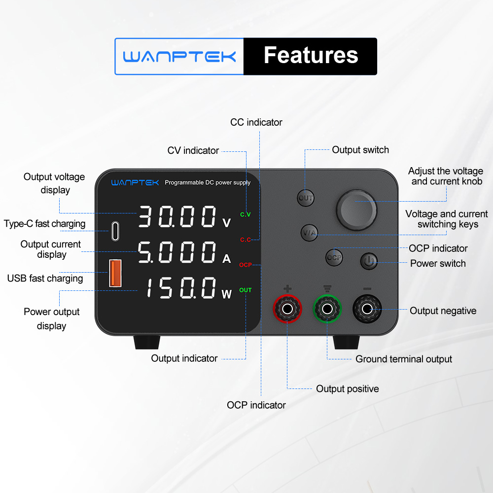 WANPTEK TPS305 Regulated DC Power Supply Black - UK Plug