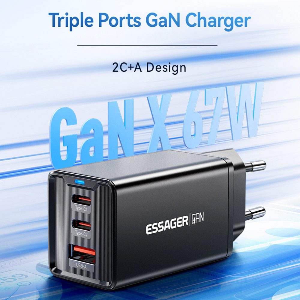 ESSAGER 67W Triple Ports GaN Charger EU Plug Black