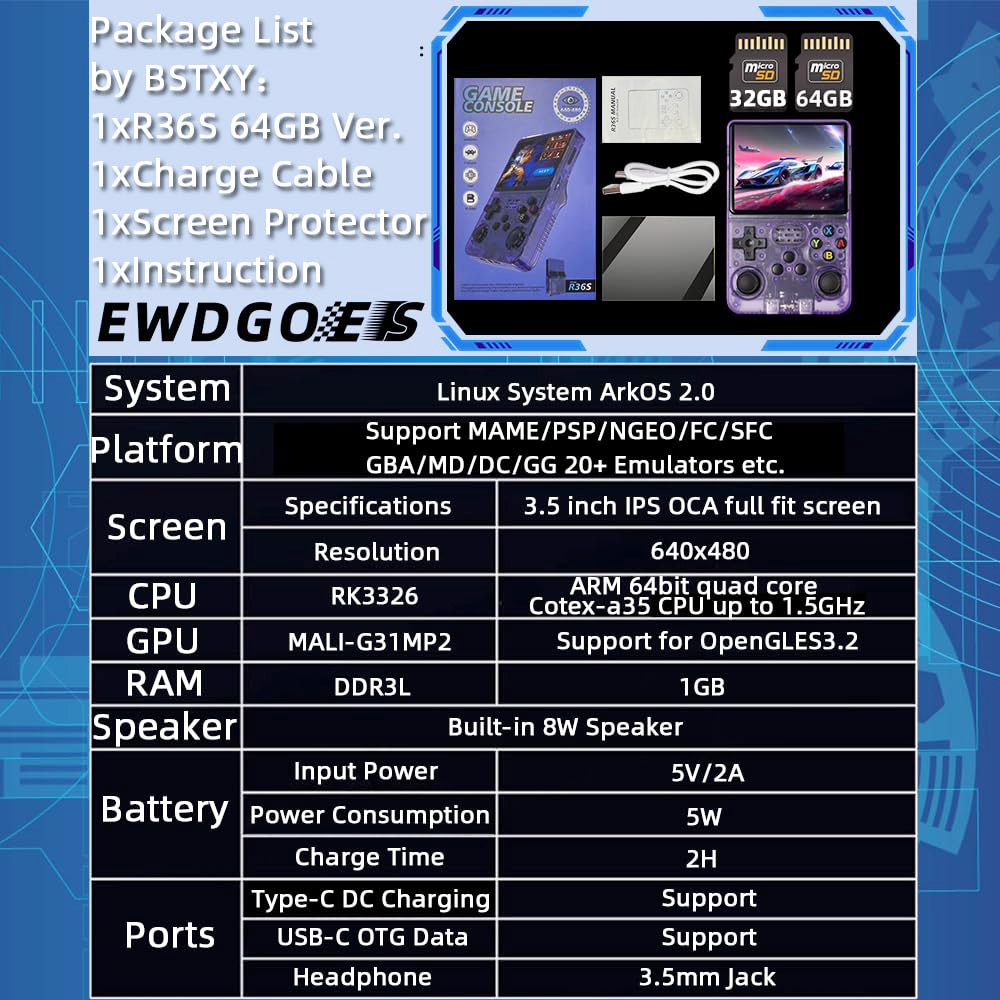 R36S Game Console 128GB 20000 Games 20 Emulators Purpls