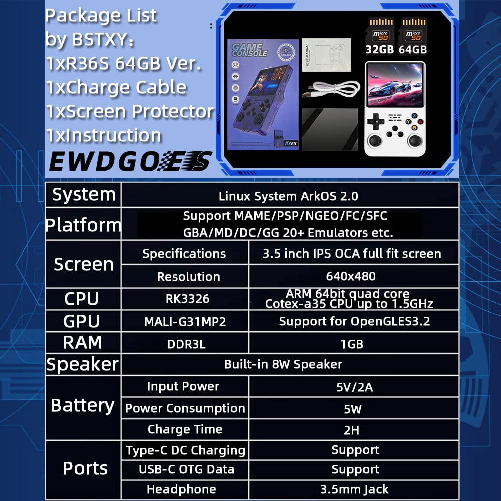 R36S Retro Gaming Console 64GB 10000 Games 20 Emulators White