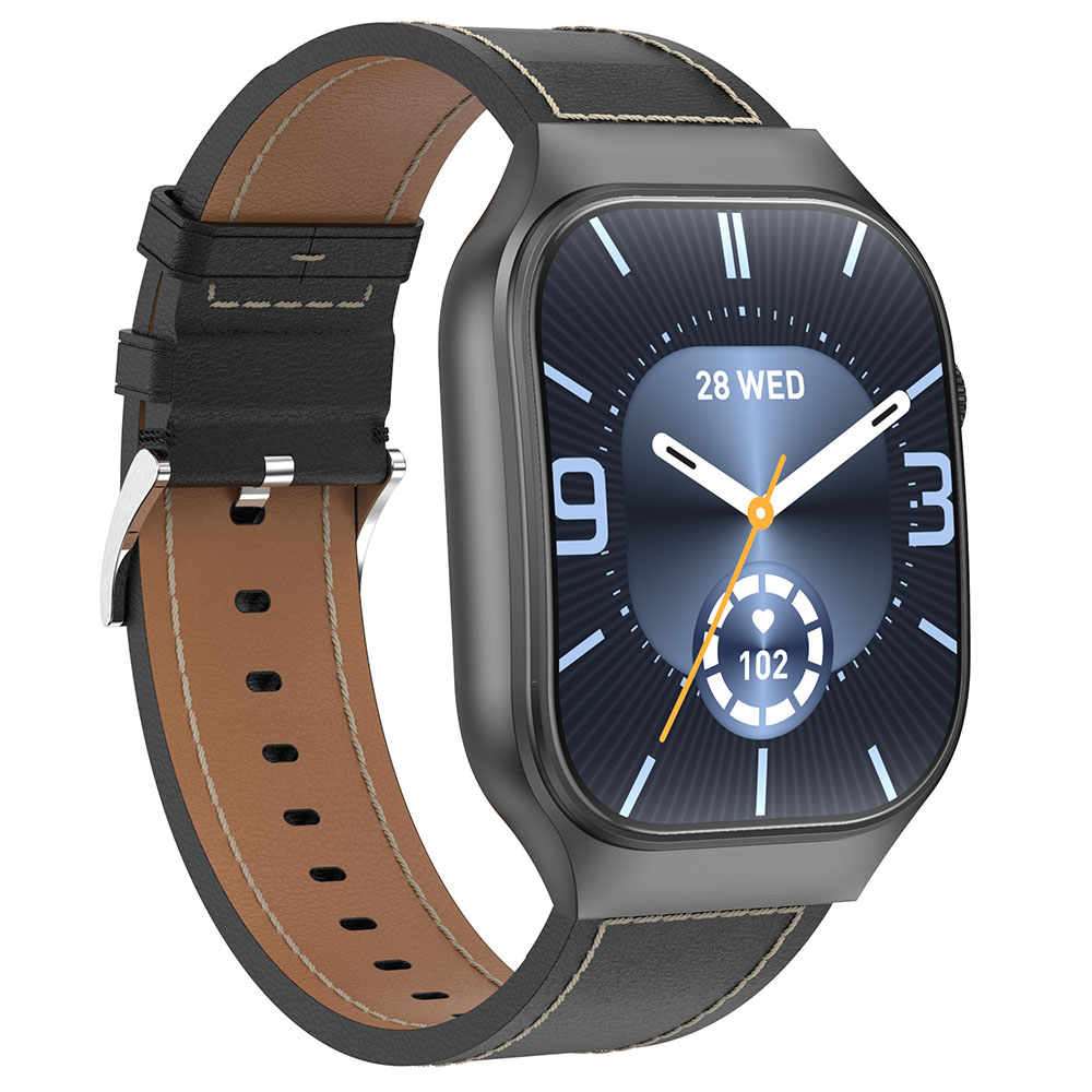 T15 Plus Touch Screen Smartwatch Black Frame Leather Strap
