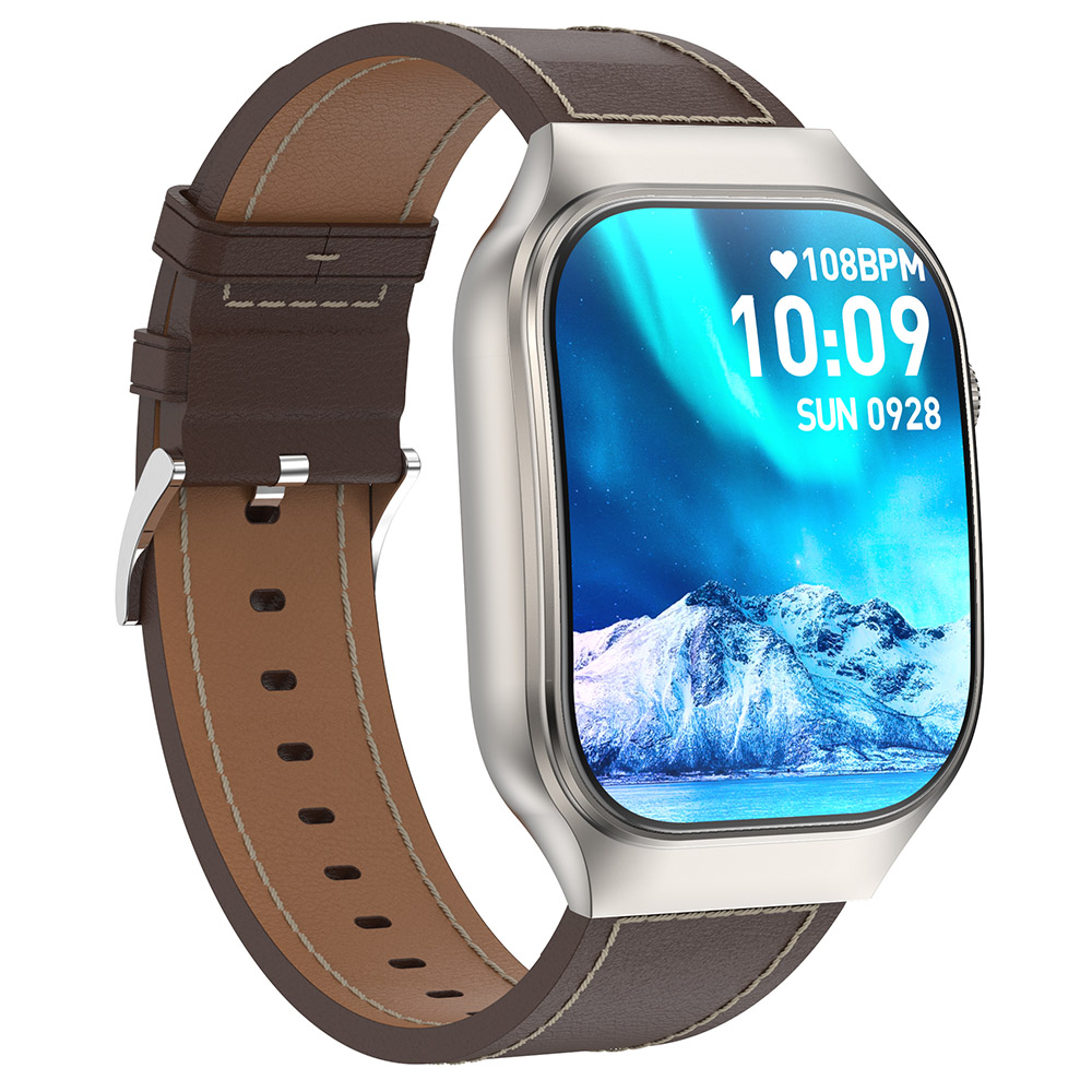 T15 Plus Touch Screen Smartwatch Silver Frame Leather Strap