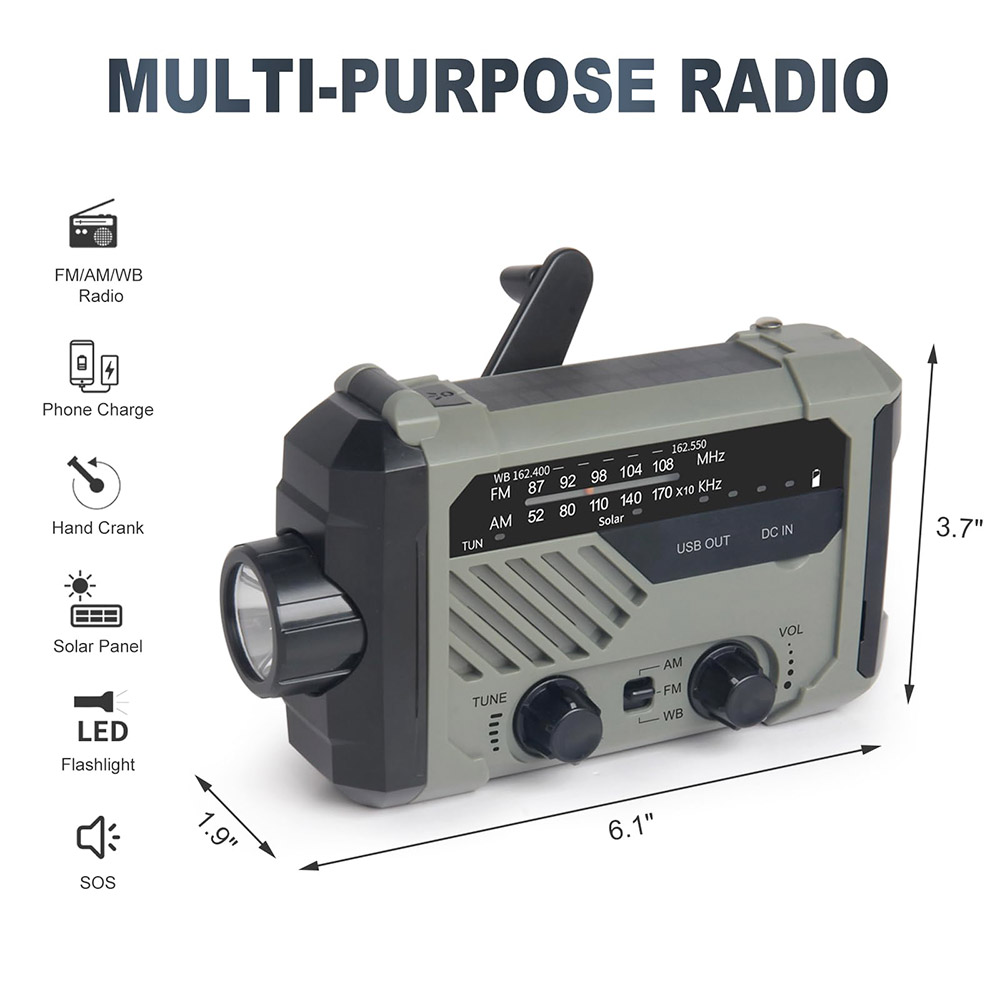 Portable Camping Emergency Solar Radio with Hand Crank Green